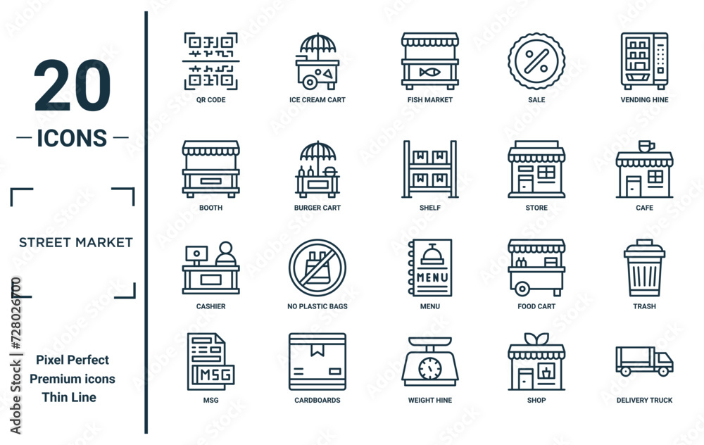 Vecteur Stock street market linear icon set. includes thin line qr code ...