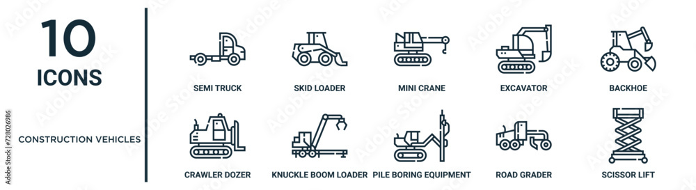 construction vehicles outline icon set such as thin line semi truck ...
