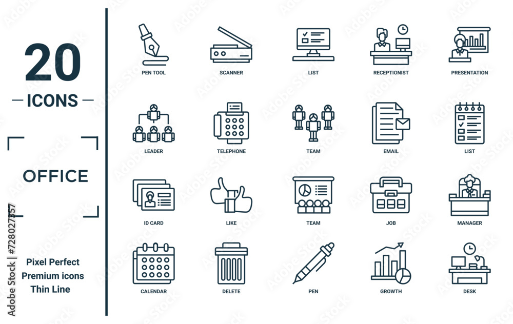 office linear icon set. includes thin line pen tool, leader, id card ...