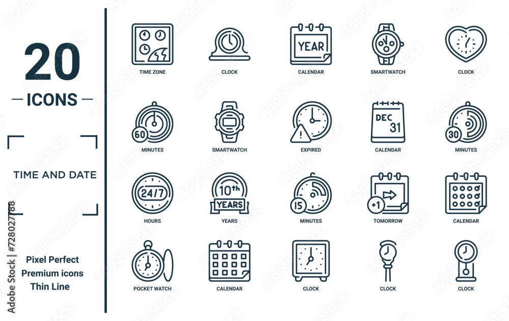 Vecteur Stock time and date linear icon set. includes thin line time ...