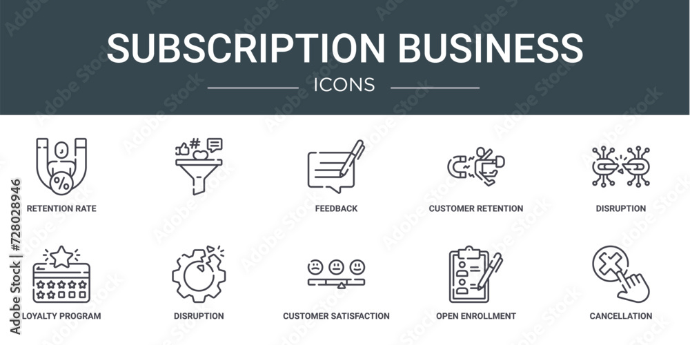 set of 10 outline web subscription business icons such as retention ...