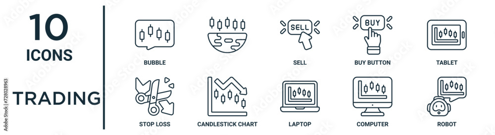 trading outline icon set such as thin line bubble, sell, tablet ...