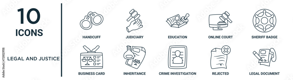 legal and justice outline icon set such as thin line handcuff ...