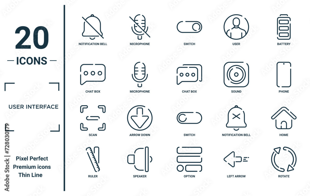 user interface linear icon set. includes thin line notification bell, chat box, scan, ruler ...