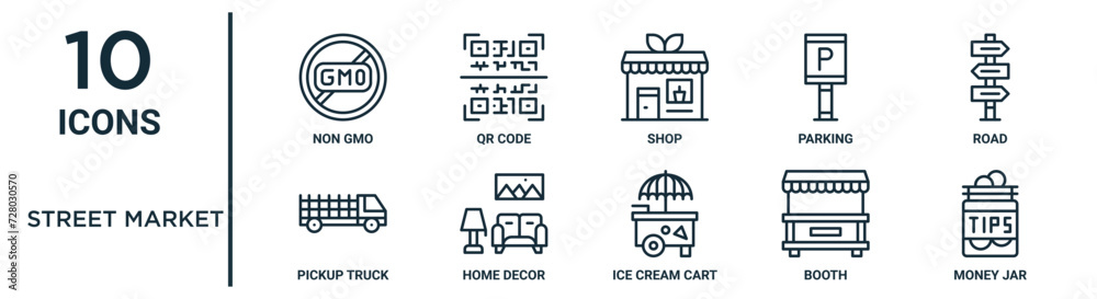 street market outline icon set such as thin line non gmo, shop, road ...