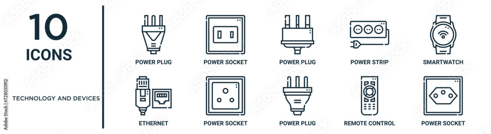 technology and devices outline icon set such as thin line power plug ...
