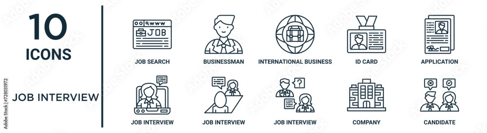 Vetor de job interview outline icon set such as thin line job search ...