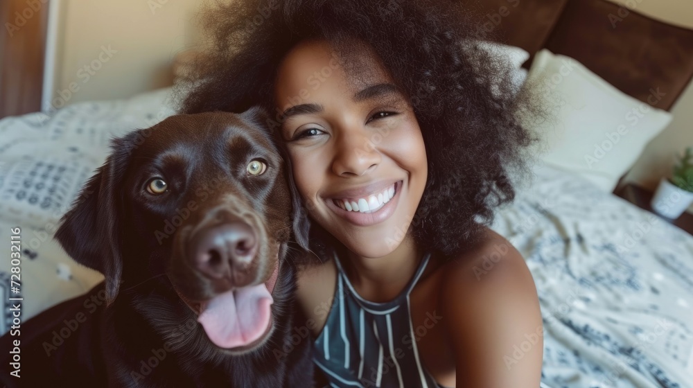 Smiling african americane young girl with lovely dog taking selfie in a ...