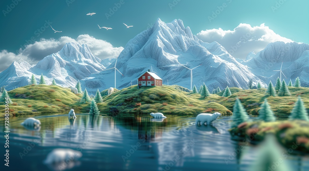 Arctic 3D wilderness with towering icebergs, snow-capped mountains, and ...