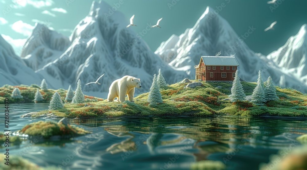 Arctic 3D wilderness with towering icebergs, snow-capped mountains, and ...