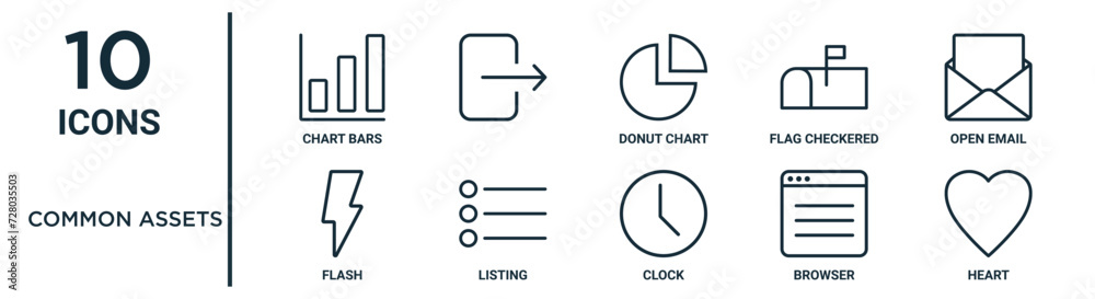 common assets outline icon set such as thin line chart bars, donut ...