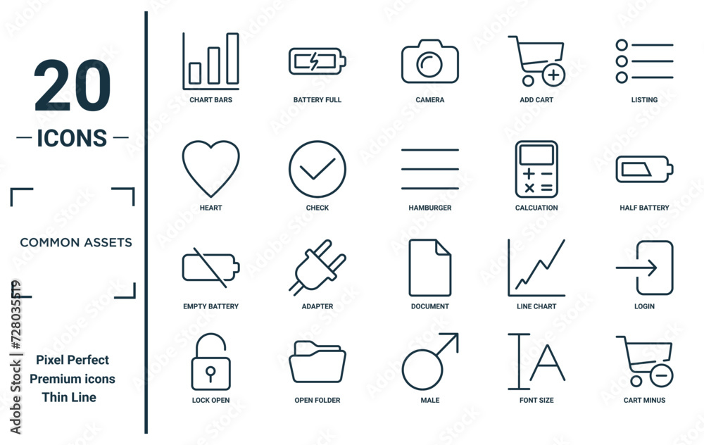 common assets linear icon set. includes thin line chart bars, heart ...