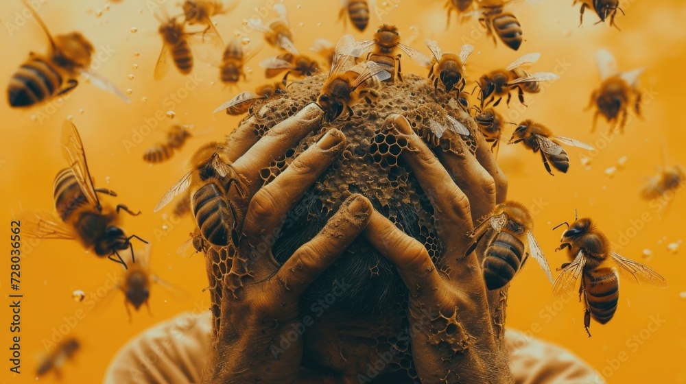 bees attack a person. a swarm of bees surrounded man's head. the man ...