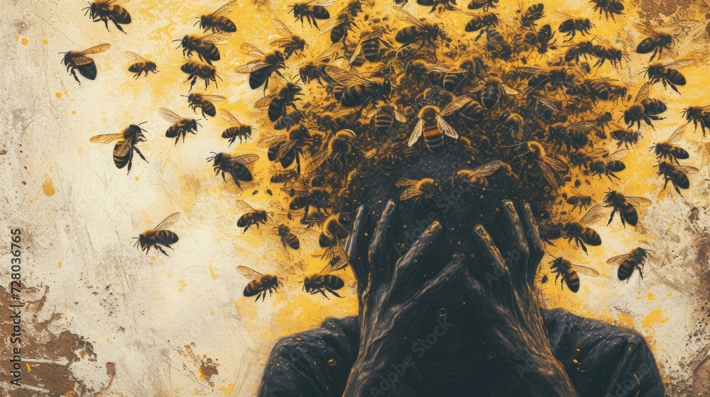 bees attack a person. a swarm of bees surrounded man's head. the man ...