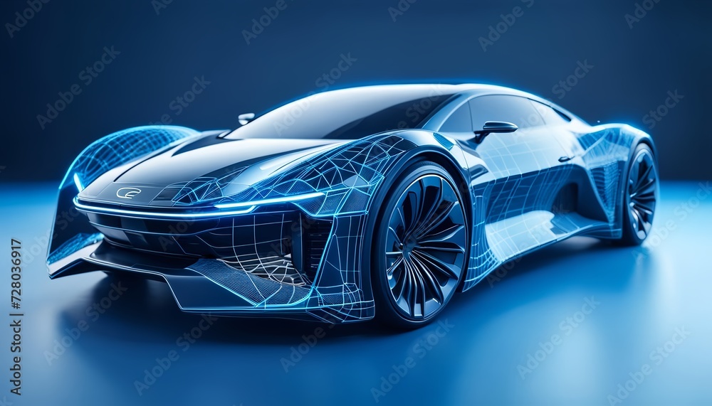 futuristic car wireframe concept. blue futuristic car technology ...