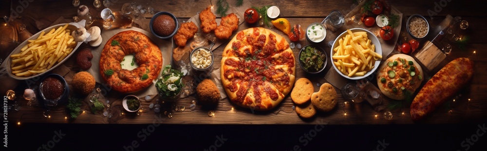 Buffet scene with takeaway or delivery food. Pizza, burgers, fried ...