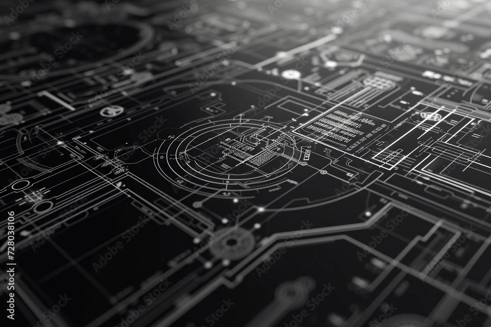 Sci-fi blueprint grid depicted in black and white, featuring a front ...