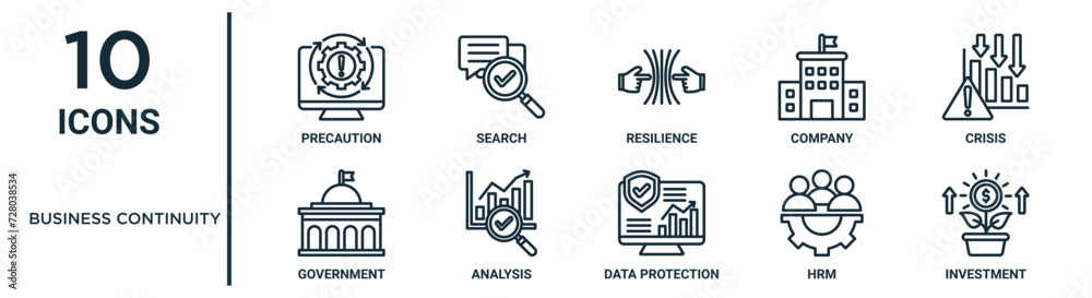 business continuity outline icon set such as thin line precaution ...