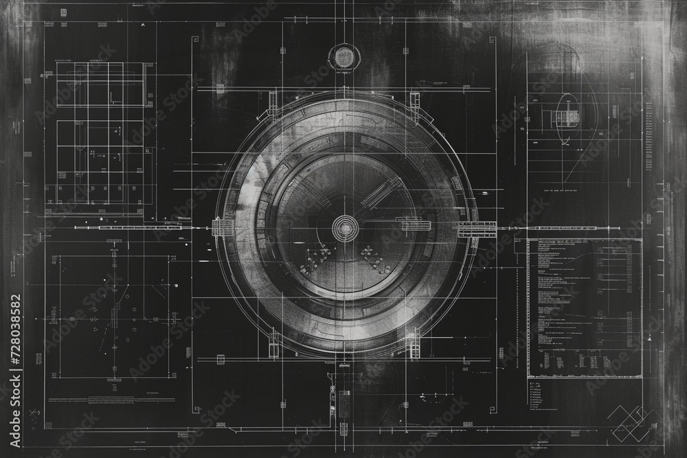Futuristic sci-fi blueprint grid captured in black and white, with a ...