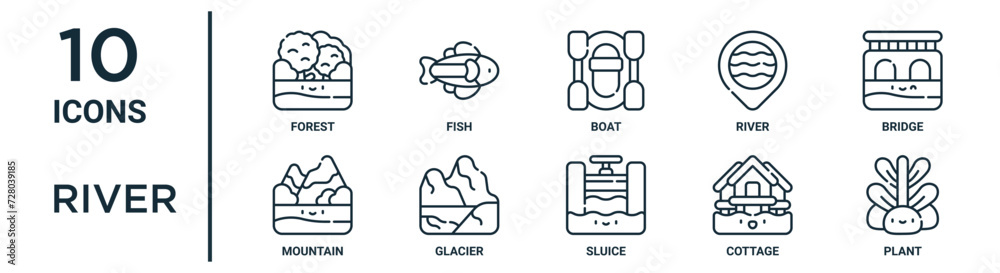 river outline icon set such as thin line forest, boat, bridge, glacier ...