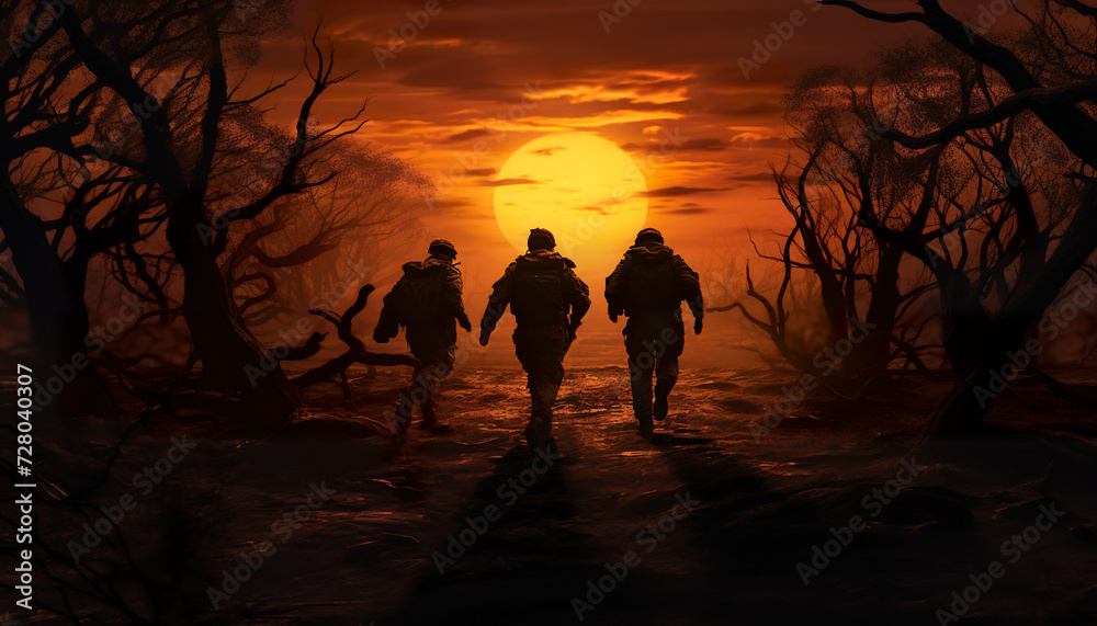 silhouette of military army platoon with weapon, infantry and commando ...