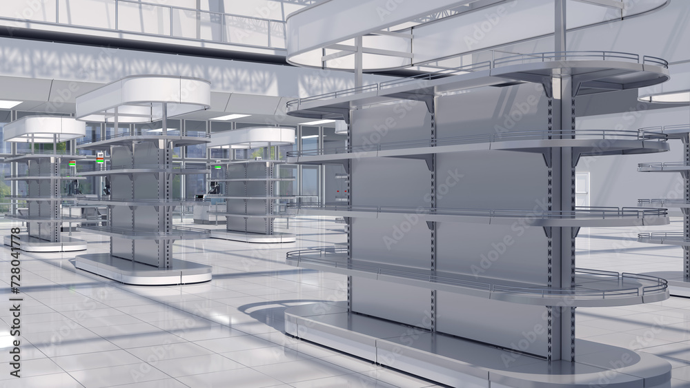 Store interior with rows of empty shelving with open shelves, rounded ...