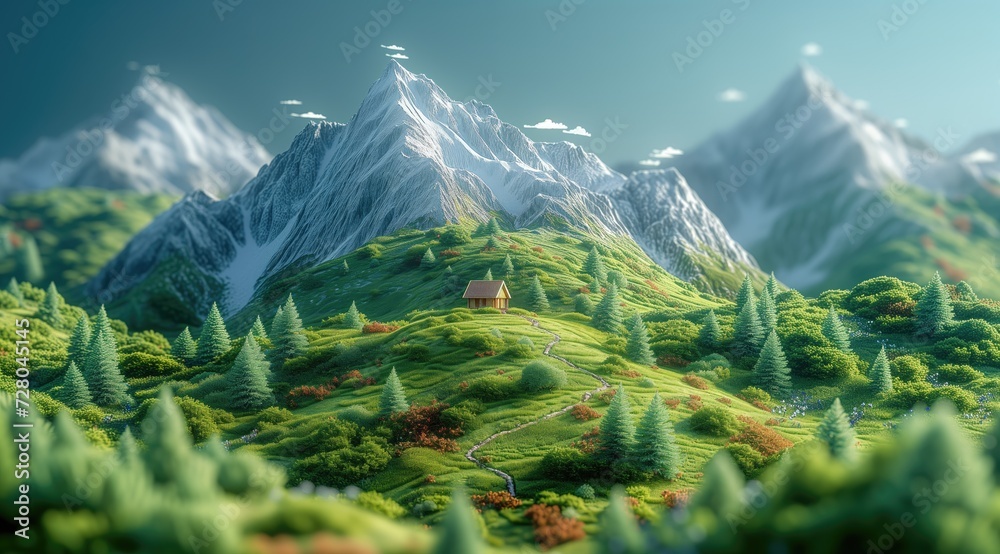 Mountainous 3D terrain with jagged peaks, alpine meadows, and winding ...