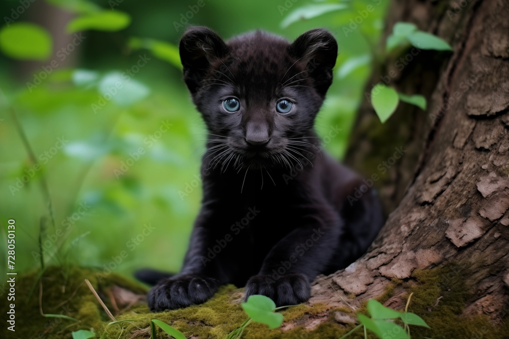 Jeune (bébé) panthère noire vue de face assise près d'un arbre durant la saison humide Stock ...