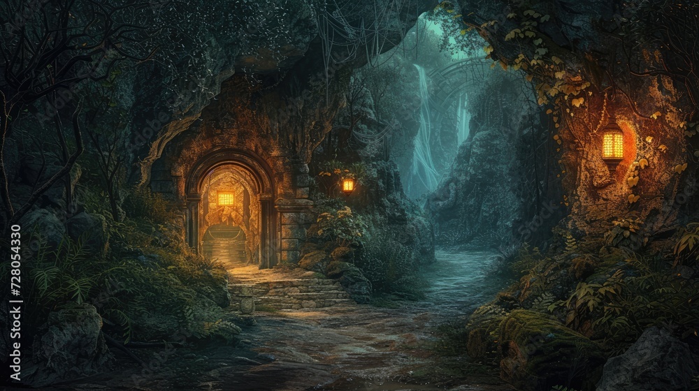 a stone dungeon cave adorned with glowing lanterns on its walls, where ...