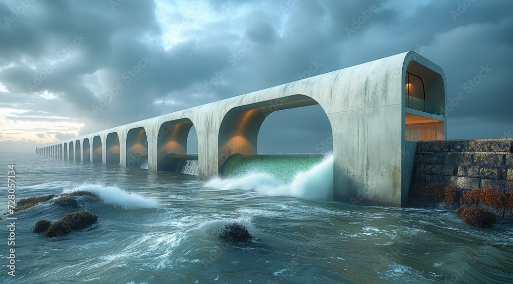 Tidal energy barrage 3D structure spanning a coastal estuary ...