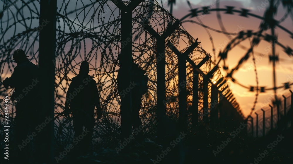 migrants' silhouettes behind barbed wire at a border crossing ...