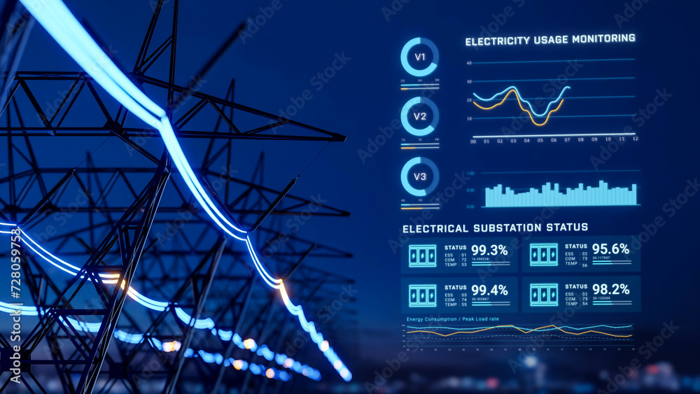 Electric transmission tower with glowing electricity flowing ...