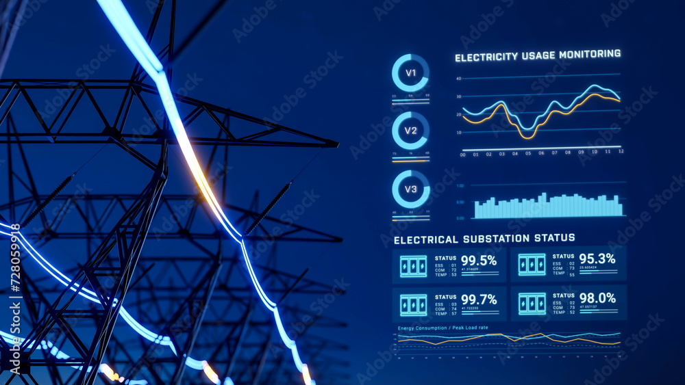Electric transmission tower with glowing electricity flowing ...