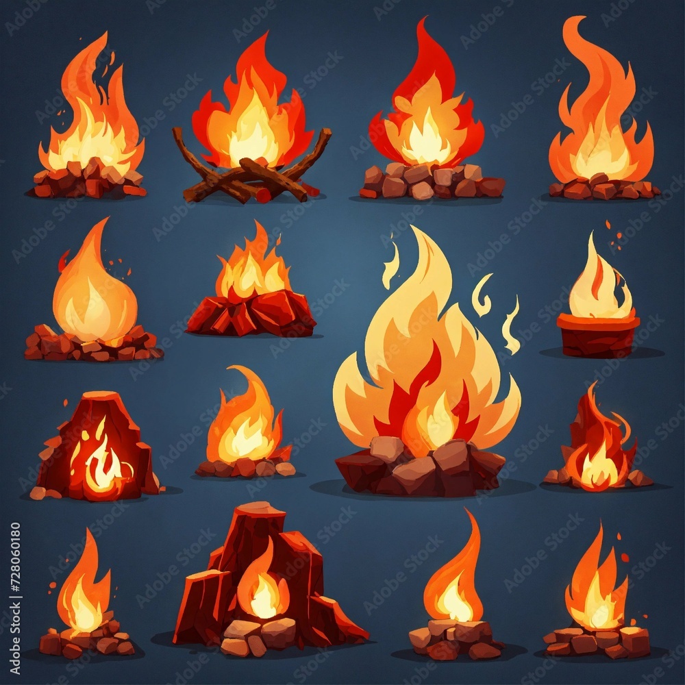bonfire collection .2d game assets low poly style, vector illustration ...