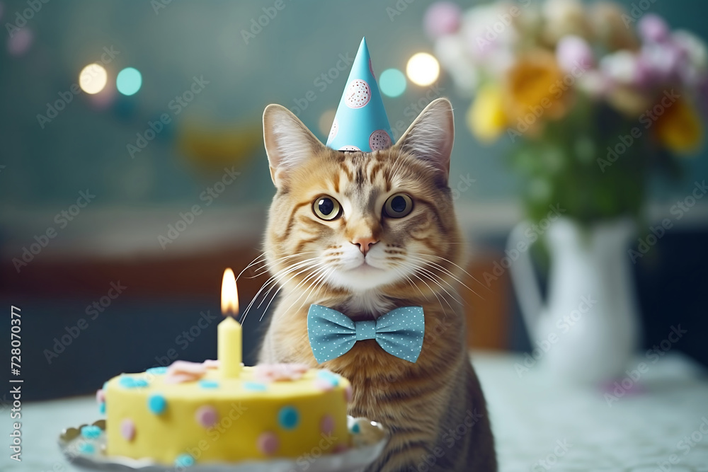 Cat celebrating birthday in party hat and bow tie, cake with candle and ...
