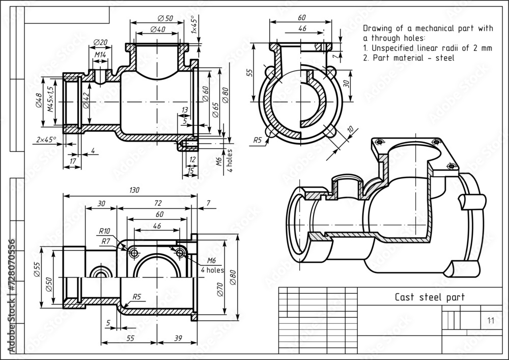 Vector drawing of a steel cast mechanical part with through holes and ...