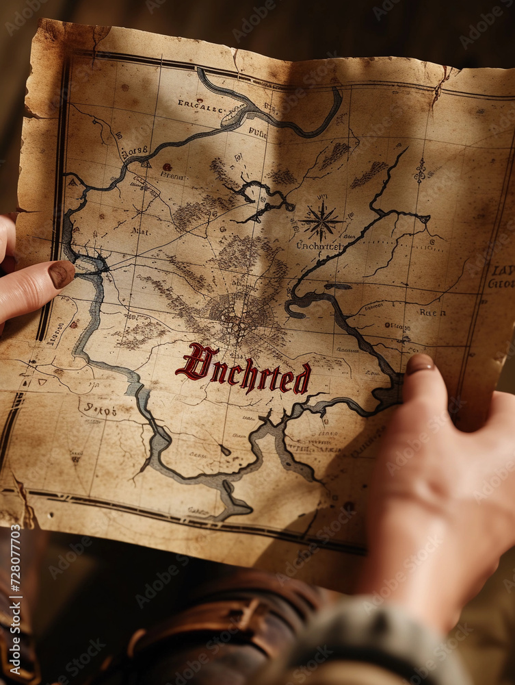 hands hesitantly opening a map with unknown territories marked ...