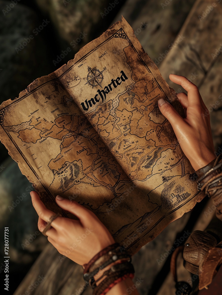 hands hesitantly opening a map with unknown territories marked ...