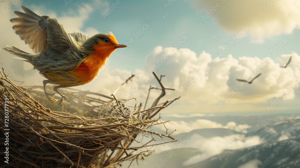 bird leaving its nest for the first time, mid-flight with a detailed ...
