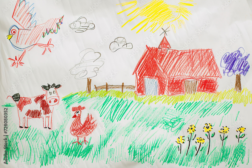 Farm scene with a cow, chicken, and a red barn 4 year old's simple ...