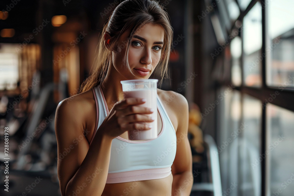 Fit young woman in gym drinking protein cocktail. Athletic girl in ...