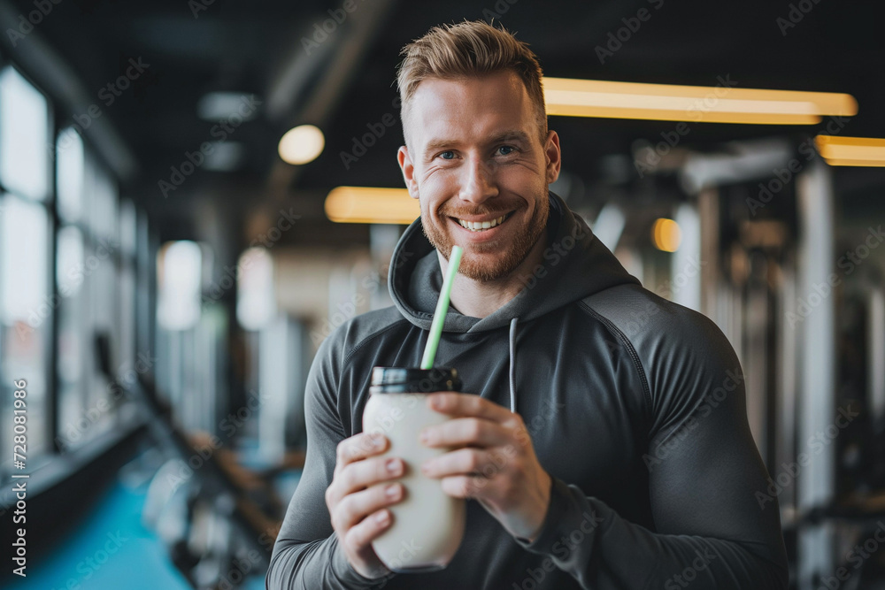 Fit young man in gym drinking protein cocktail. Athletic man in ...