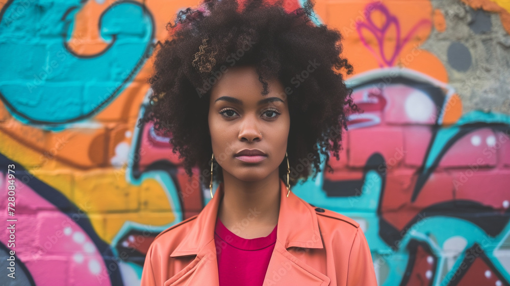 A bold feminist woman standing defiantly in front of a wall covered in ...