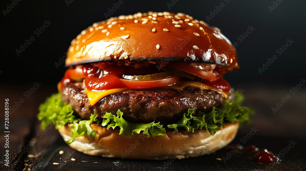 Savory Beef Burger Against Dark Background - Perfect Fast Food Menu ...