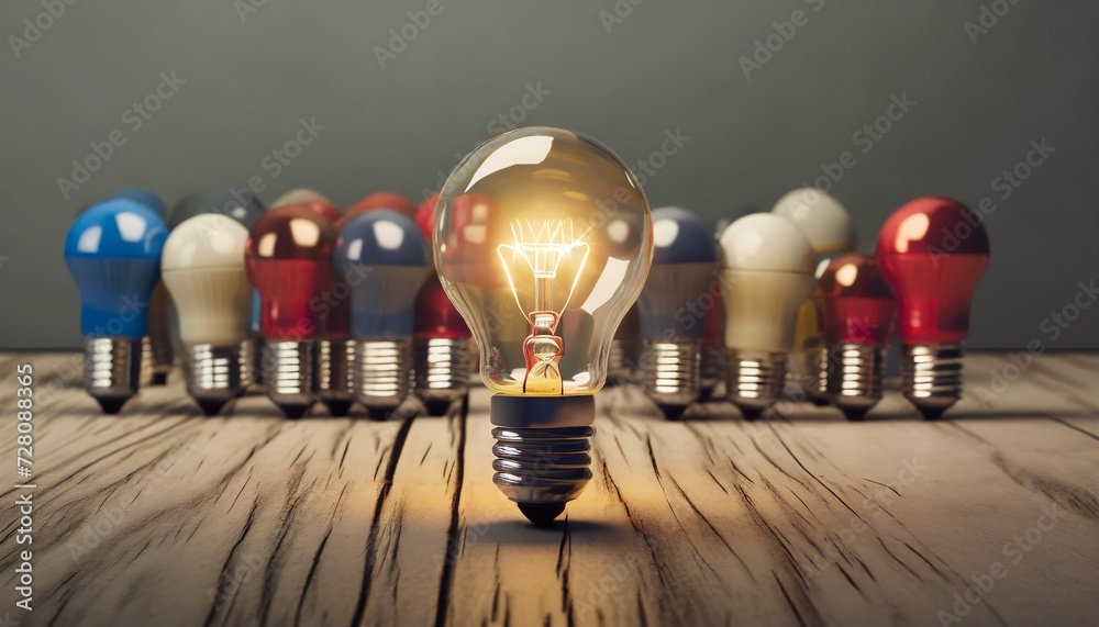 individuality concept one bright light bulb standing out from the crowd ...