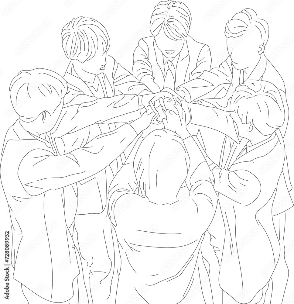 Top view line drawing of young business group holding hand together ...
