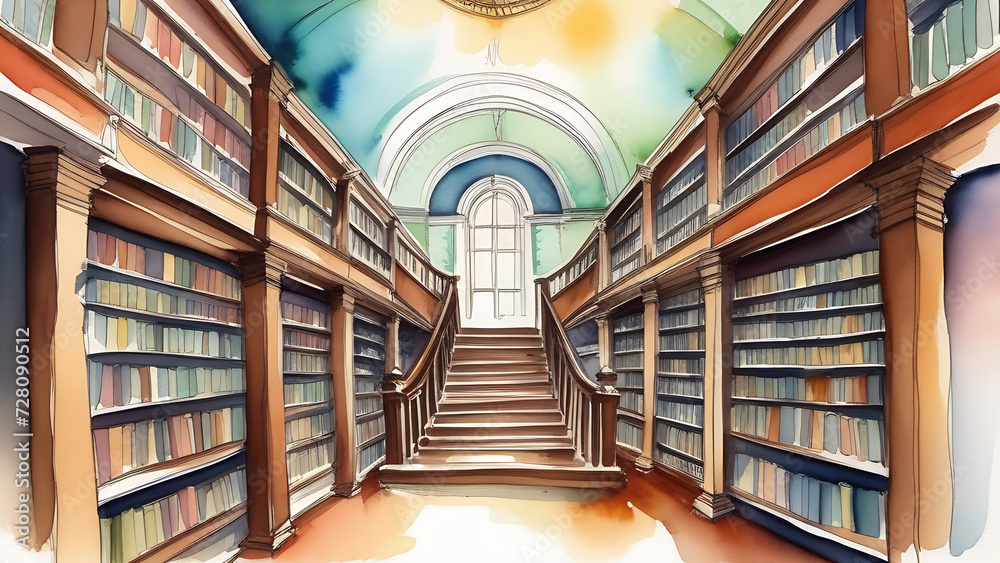 Beautiful library architecture with bookshelves, interior with large ...