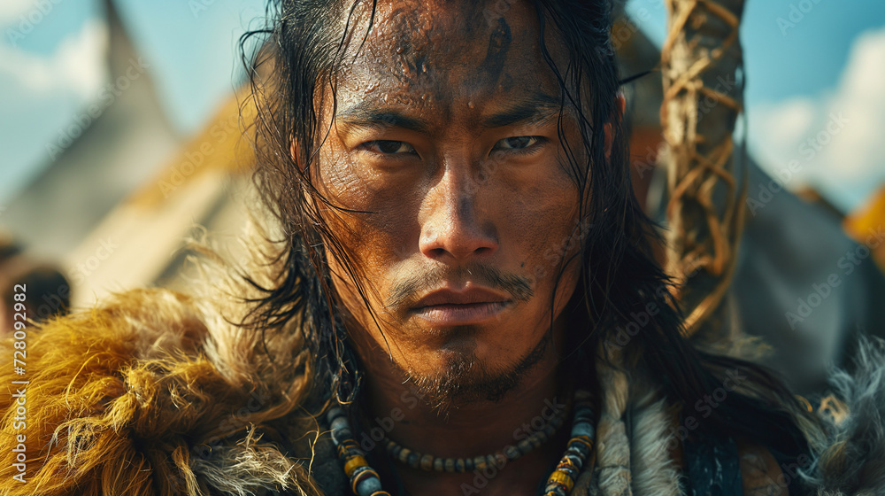 A serious look lies on the face of the Mongolian leader as he rides his ...