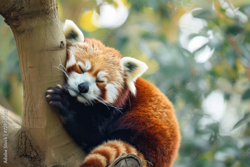 Curled up red panda in a tree, an adorable and heartwarming scene ...