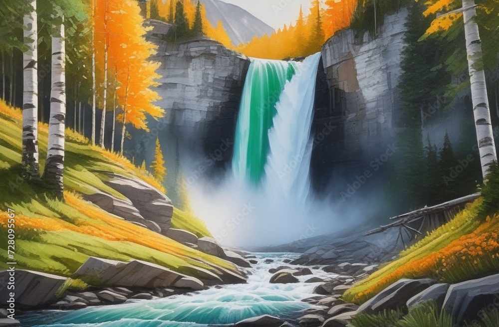 Drawing with gouache on birch bark a cascade of waterfalls in the ...